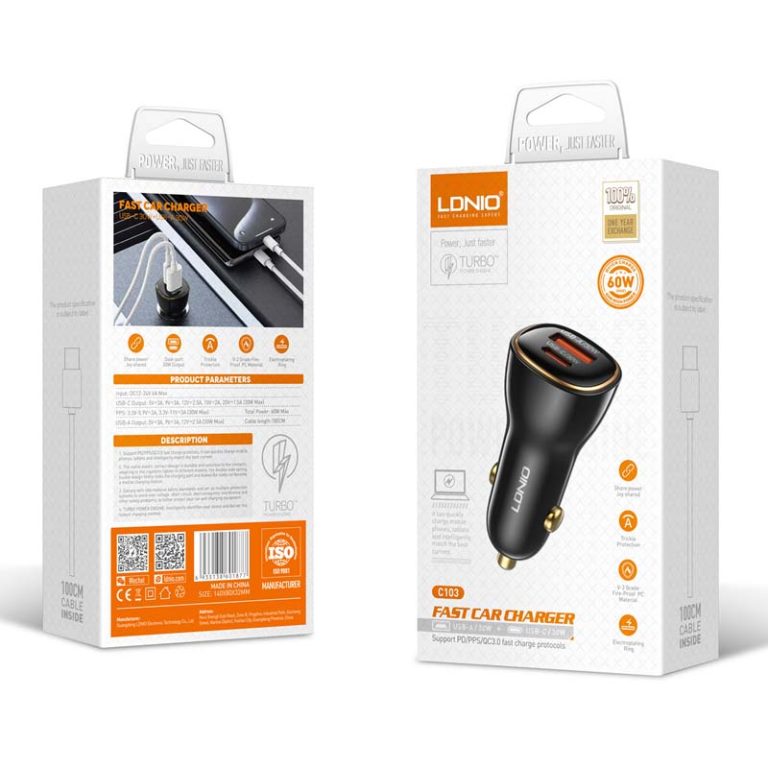 CARGADOR LDNIO Car Charger 60W Dual Port + Cable USB-C 1MTS - Mobile Store Ecuador